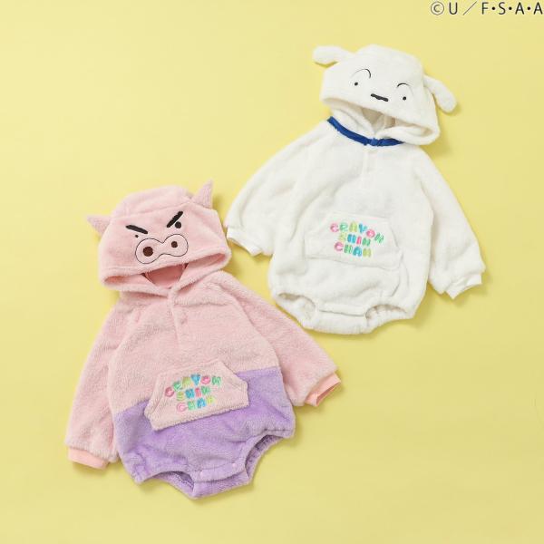 大人気アニメ「クレヨンしんちゃん」のシロとぶりぶりざえもんのボディースーツが登場！フードがキャラクターの顔になっていてとってもキュート♪ポケットにはカラフルな文字でクレヨンしんちゃんと書かれていてアクセントに。気温に応じてレギンス・タイツな...