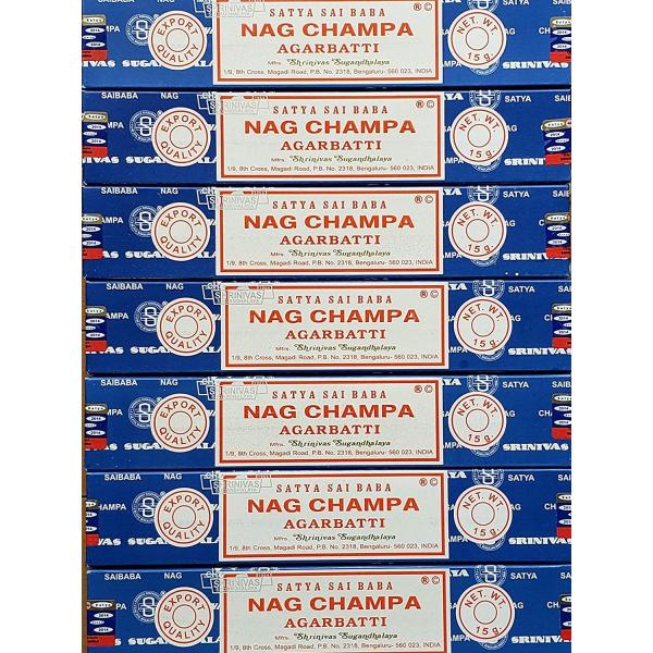 サイババナグチャンパ香　7箱セット。ウッディながらもほのかに甘い白檀系の香りです・1箱：約12~15本入り　・燃焼時間：約30〜50分・箱サイズ：約21cmx4.1cmx1.9cm　・お香のサイズ：約20.5cm　※手作りの為個数が前後する...