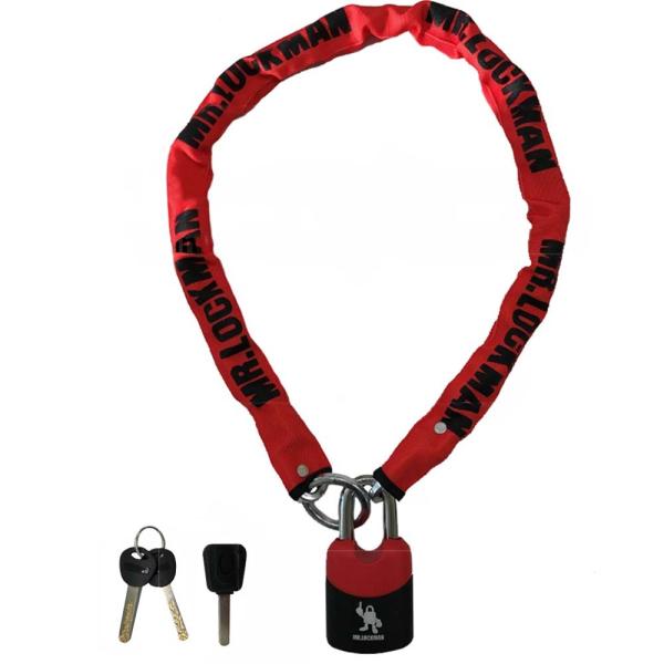 ○ストロング8のトレードマークくび長の南京錠。チェーンごと挟み込むなど色々な施錠を可能にします。○チェーンの片側は傷抑制のためにカバーを長めに処理。一方には片側をくぐらせるために丸型チェーンを採用。○付属キー3本のうち1本はLEDライト付き...