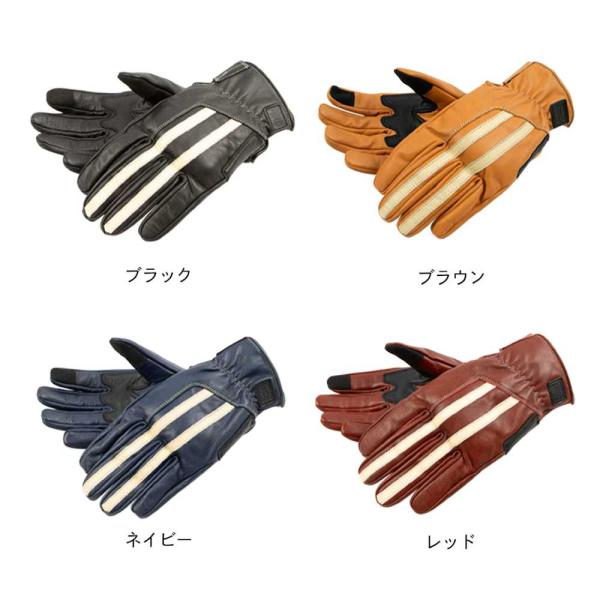 ・メーカー名：デグナー (DEGNER)・品番：TG-112・カラー：ブラック、ブラウン、ネイビー、レッド・サイズ：M、L、XL、2XL・素材：牛革2本のアイボリーラインを入れたレザーグローブ。内蔵のナックルプロテクターにはCE規格 レベル...