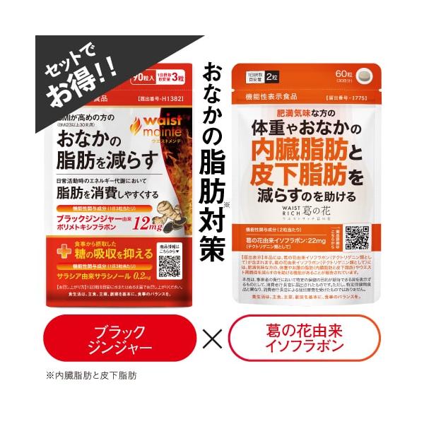 ウエストメンテ + ウエストリッチ葛の花 サプリメント 機能性表示食品【ウエストメンテ】内臓脂肪や食後の血糖値が気になる方(※1)(※2)におすすめ。機能性関与成分【ブラックジンジャー由来ポリメトキシフラボン】【サラシア由来サラシノール】を...