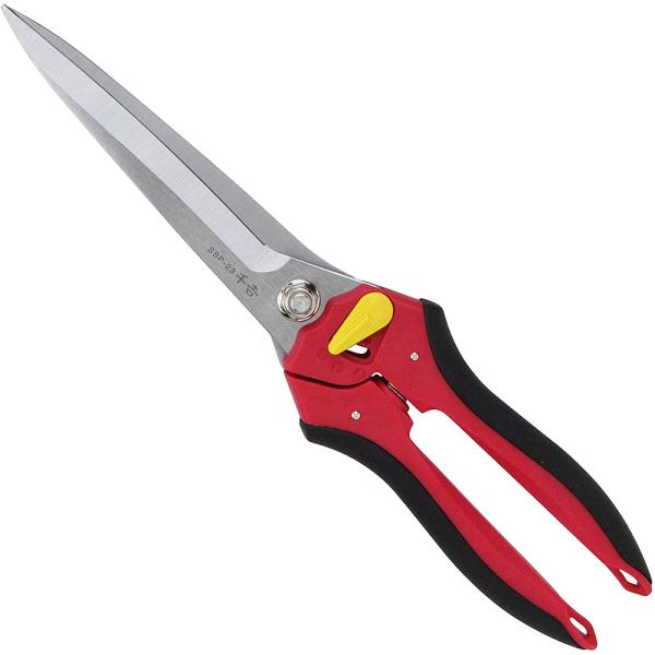 狭い部分や広い範囲の作業に最適な園芸鋏。【商品仕様】全長:約260mm刃長:約120mm仕様:クロームメッキ加工刃部硬度:HRC52±2材質(刃部):SK5材質(グリップ):PP・TPR【用途】庭木の剪定、整枝作業に新芽などの整枝、葉刈、仕...