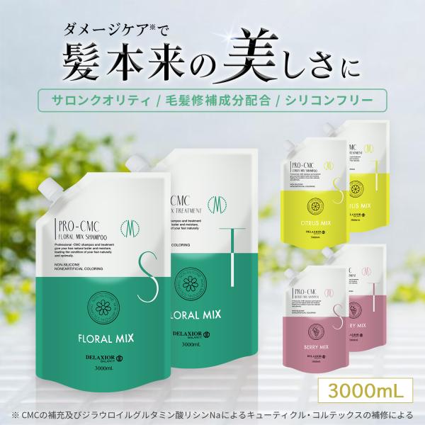 商品名: デラクシオ プロ CMC シャンプー トリートメント 3000ml セット シトラスミックス / フローラルミックス / ベリーミックス サロン専売 ノンシリコン ヘアケア 詰め替え○ダメージレスヘアデザインを実現するためのベース...