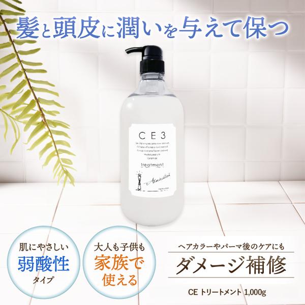 商品名: CE3 トリートメント 1,000g サロン専売 ダメージ補修 サロン専売 セラミド配合 高保湿 家族で使える 弱酸性●ベビーシャンプー級のマイルド処方で、赤ちゃんから大人まで安心して使える弱酸性トリートメント。　美容のプロフェッ...