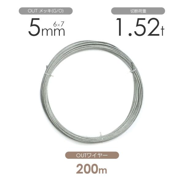 アウトワイヤロープ メッキ(JIS規格外)ですワイヤロープ構成：G/O(メッキ)6×7参考破断荷重：1520kgアウトワイヤは玉掛索及び滑車等には使用できません。参考安全使用荷重は破断荷重の1/6 約250kgです。※JIS規格外の為、あく...
