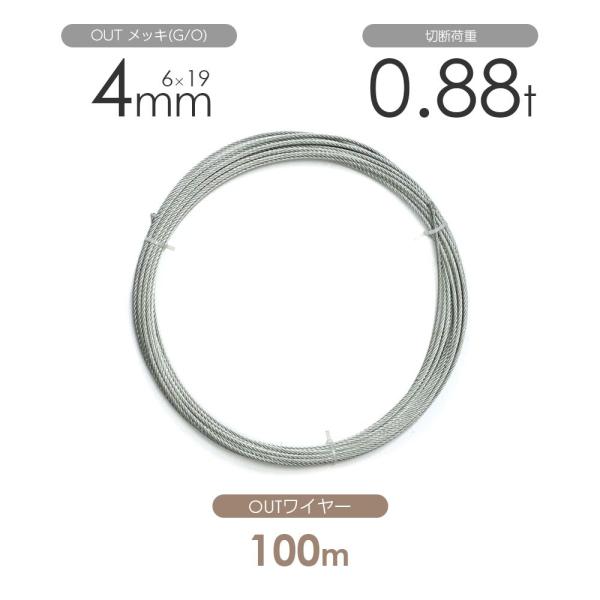 アウトワイヤロープ メッキ(JIS規格外)ですワイヤロープ構成：G/O(メッキ)6×19参考破断荷重：880kgアウトワイヤは玉掛索及び滑車等には使用できません。参考安全使用荷重は破断荷重の1/6 約145kgです。※JIS規格外の為、あく...