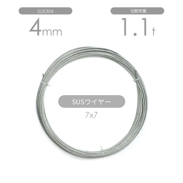 モノツールSUSワイヤ：輸入 7x7 4mm1mからの切り売り商品です。長さと両端加工はオプションメニューからお選びください。SUS304 ステンレスワイヤー カット販売 錆に強く、そして美しい。ステンレスワイヤーは耐食性および耐熱性に優れ...