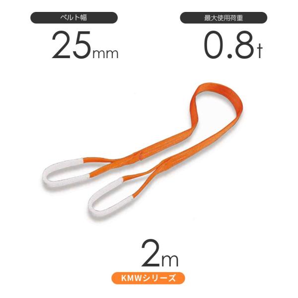 日本製のナイロンスリング 丸善織物のKMWシリーズ（1色） 両端アイ形（E型）幅25mm×2mです。適度な伸びが吊り上げた時の衝撃を和らげる耐摩耗性に優れたナイロン素材のベルトスリングです。ベルトは外側2層がナイロン、芯部がポリエステルの3...