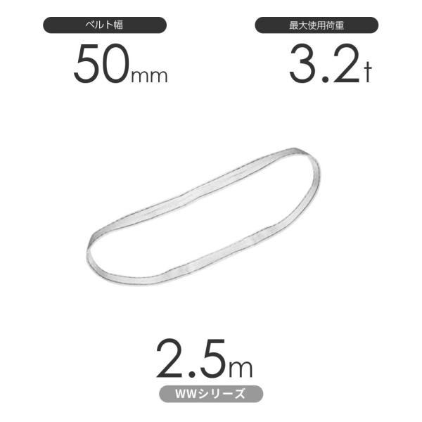 日本製のナイロンスリング 丸善織物のWWシリーズ（未染色） エンドレス形（N型）幅50mm×2.5mです。適度な伸びが吊り上げた時の衝撃を和らげる耐摩耗性に優れたナイロン素材のベルトスリングです。ベルトは外側2層がナイロン、芯部がポリエステ...