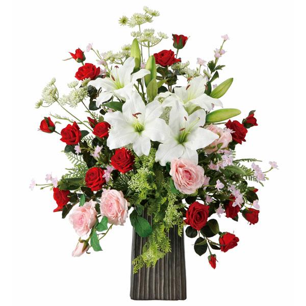 アートフラワー 造花 インテリア 光触媒 造花 高級、ゆりのアレンジメント お祝いにも　クイーンアンレース■商品サイズ：幅65cm 奥行45cm 高さ75cm　花器：陶器■お部屋のアクセントや空間に彩りを添え、空気をキレイにするはたらきで、...