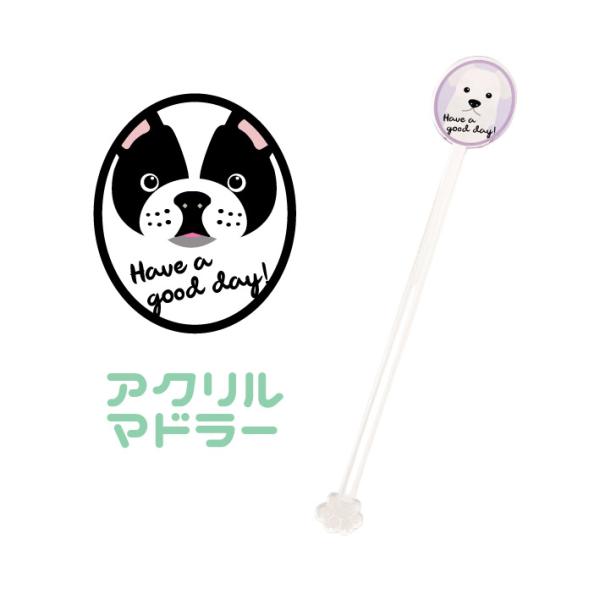 犬のグッズシリーズにマドラーが登場です！透明のアクリルなので、光に当たると反射が綺麗です。お部屋の飾りにいかがでしょうか。おでかけに持って行ったら一緒に写真が撮れるかも？プレゼントにもおすすめです。【製品内容】素　材：アクリルサイズ：200...