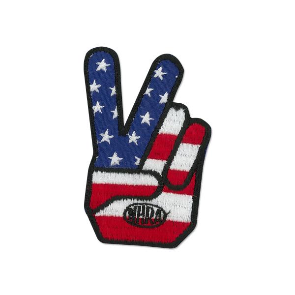 US Patches当時のビンテージパッチです。デザイン / サイズ4:NHRA Peace Fingers / 7cm×10.2cm★ From USA ★＊商品品質は当時物の為、裏糊が付いていても粘着力はございません。予めご了承ください。
