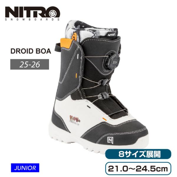 Nitro Droid BoaR スノーボードブーツで、若いライダーのスノーボードへの情熱を燃やしましょう。男の子やジュニアスノーボーダー向けに作られたこれらのブーツは、オールマウンテンパフォーマンスと快適さを提供するため、バニーヒルからブ...