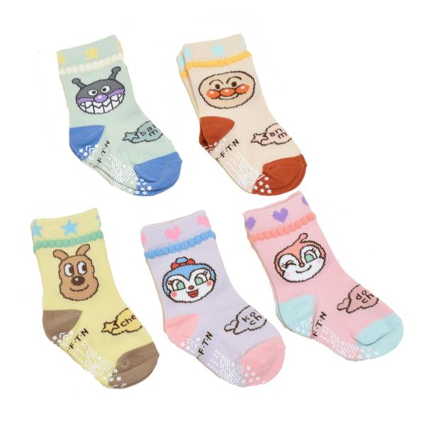 アンパンマン　バイキン　ドキンちゃん　コキンちゃん　めいけんチーズ　靴下 ソックス　クルー丈　スベリ止メ付き品質表示：綿・ポリエステル他　　中国製サイズ：9-14ｃｍ　　メーカーラベルは縫い付けていません　配送料金は0円（メール便・簡易梱包...