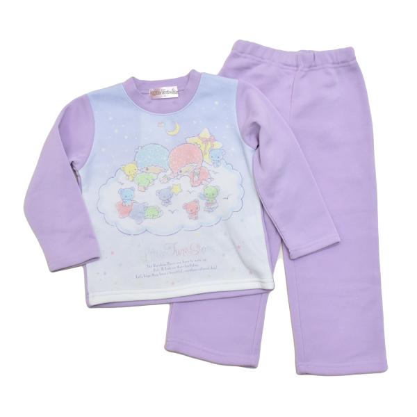 サンリオ リトルツインスター 裏起毛　長袖パジャマ きらきらラメプリント 　品質表示： 本体/ポリエステル70％ 綿30％　　　リブ部分/ポリエステル62％ 綿33％ ポリウレタン5％　　カラー ：ライトパープル　中国製サイズ ： 100ｃ...