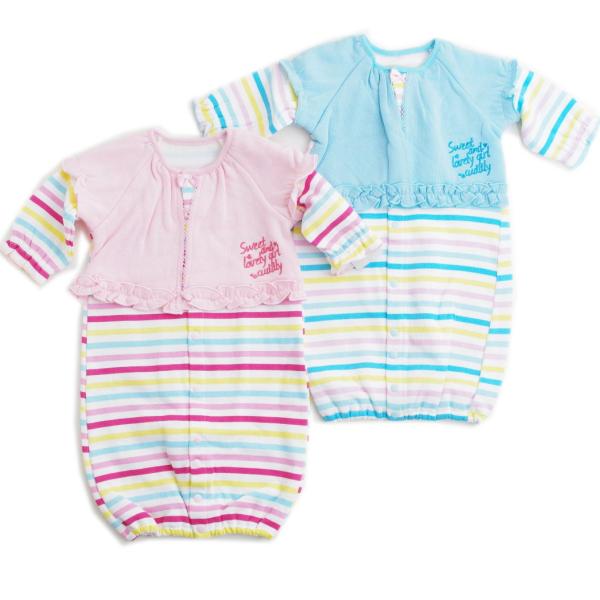 出産祝い・出産準備に最適です！新生児 ドレス＆カバーオール　*☆カラー：ピンク/サックスサイズ：50〜60ｃｍ 素材：本体/ポリエステル65％・綿35％　衿縁取り部/綿100％　中国製　　配送料金は0円（メール便・簡易梱包・ラッピング等不可...