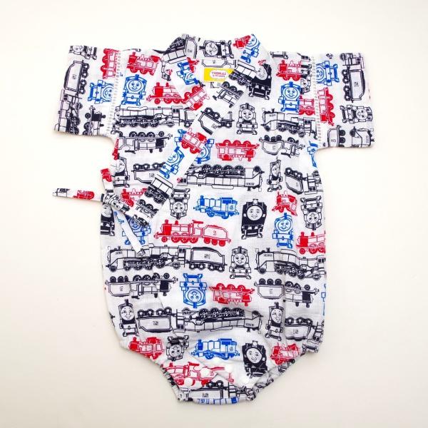 きかんしゃトーマスの甚平ロンパースです。甚平に最適なドビー素材を使用しており、暑い日や夏祭り・夕涼みに大活躍する甚平です。  本体綿100％ですので着心地抜群です！サイズ：80ｃｍ　カラー：ホワイト　