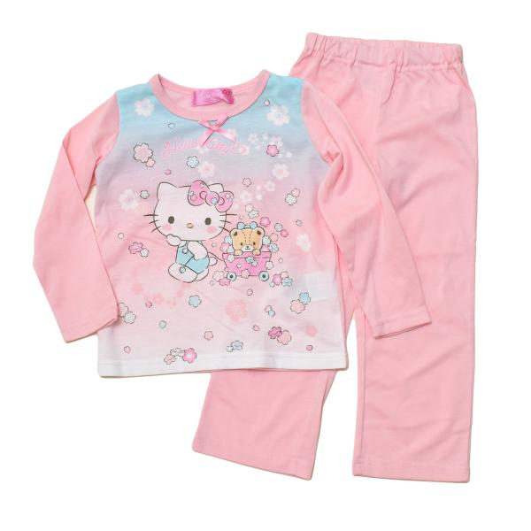 サンリオ ハローキティ の（蓄光仕様）の長袖Tシャツ生地のパジャマです。パンツは長パンツ丈です。オールシーズン対応生地です。前身頃にキラキララメ加工を施しています。　品質表示 ： 本体　ポリエステル65％　綿35％　リブ部分 ポリエステル6...