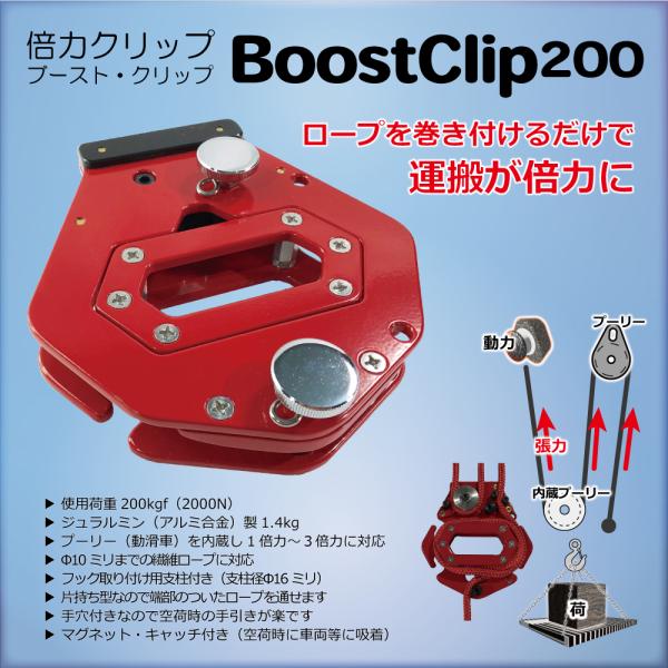 BoostClip200（ブーストクリップ200）土木業、荷役運搬業、農業、林業・林産業、特殊伐採業、造園業における玉掛け作業や運搬作業に動力とロープを使った荷の吊り上げや引き寄せなどの作業にお使いいただけます。筐体をオープンにできるため端...