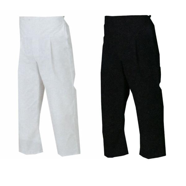 腹当付き七分丈ダボズボン白・黒品質：綿100％・ウエストゴム入り、前ボタン付き、ポケット付腹当てサイズ表◆Ｓ/ウエスト:70-85cm、身長：147-155cm◆Ｍ/ウエスト:73-90cm、身長:155-162cm◆Ｌ/ウエスト:76-9...