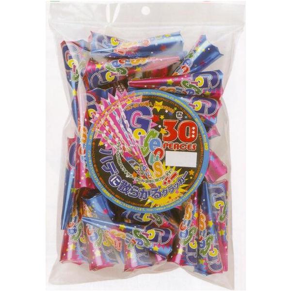 ハデに散らかるクラッカー30個入商品サイズ：270x200x55重　　量　：136g5色キラキラテープタイプ鮮やかなキラキラテープが派手に飛び散ります！後片付けの事なんて考えない！！とにかく派手に演出したい方にオススメ！！