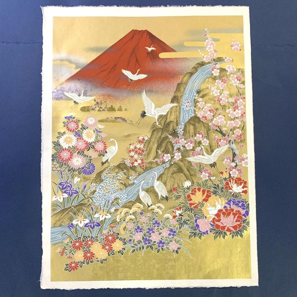 総柄和紙 特上友禅 小判 「吉祥赤富士」手漉き和紙に華やかな柄をシルクスクリーンプリントした豪華な友禅紙です。額に入れて飾るなどインテリアにもお薦めです。海外の方にも人気の商品です。サイズ： 490mm x 650mm産地： 京都備考：手漉和紙