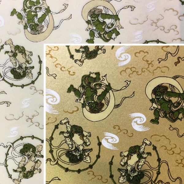 友禅染の着物のような華やかな柄の和紙です。折り紙、和紙人形、小物作り等々のクラフトにお使い頂けます。京都建仁寺で有名な俵屋宗達の風神雷神図をデザインしています。サイズ： 630mm x 930mm (柄により若干誤差があります。)産地： 京...