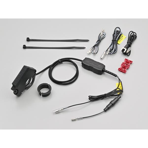 バイク専用電源USBタイプA。USB Type-A QC3.0対応、最大30Wまでの急速充電が可能なUSB電源。本体は幅12.5mm(取り付け幅14mm)とスリムで、コントロールスイッチに馴染むデザイン。ハンドル径φ22.2、φ25.4に取...