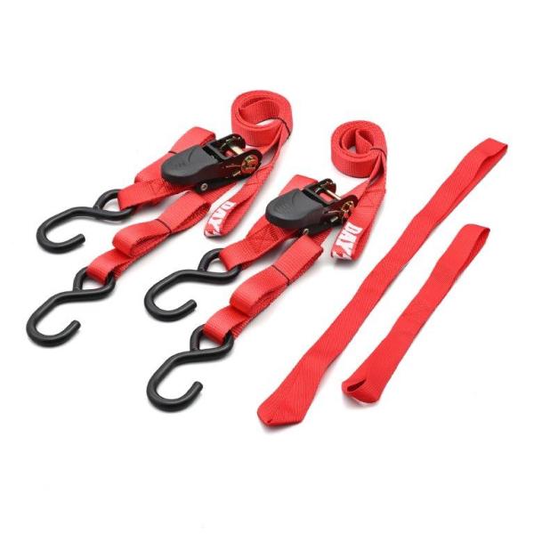 車体の固定に適した耐荷重300kgのタイダウンベルト。ラチェット式で荷室の狭い場所でも確実に固定が可能です。傷付きを防ぐループ式ストラップ付き。トランポにサイドスタンドで積載することを想定し、長さの違うサブベルト(長さ300mmと500mm...