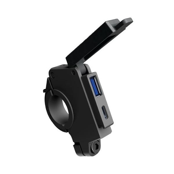 バイク専用電源USBタイプA＋タイプC。USB Type-A QC3.0 / Type-C PD3.0対応、最大60W(2ポート計)までの急速充電が可能なUSB電源。本体は幅12.5mm(取り付け幅13mm)とスリムで、コントロールスイッチ...