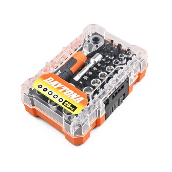 DAYTONA デイトナ 工具セット コンパクト ラチェットハンドル エクステンションバー付 1/4インチソケット対応 六角ソケット＆各種ビット ミニツールセット 26ピース 61370