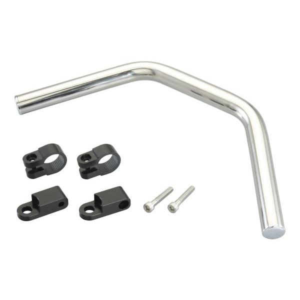 ☆メーカー：キタコ(Kitaco)☆〇仕様：ブラック○バー：ステンレス製バフ仕上げ○クランプ部：アルミ削り出し○耐荷重：500g以下○10mmミラー穴取付用左右のミラー取付穴にマウントするφ22.2の多目的バーです。ハンドルクランプ対応モバ...