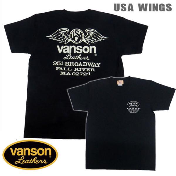 VANSON 半袖Ｔシャツ「USA Wings」世界中のバイカーやアメカジファンから絶大の信頼を得るレザーウェアメーカー「VANSON（ヴァンソン）」から半袖Ｔシャツのご紹介!!スタンダードなブラックのボディに、ホワイトで前後にプリントの入...