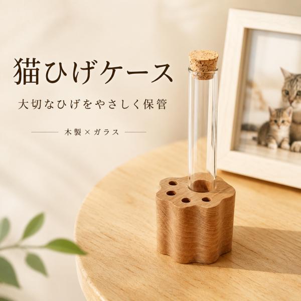 猫ちゃんの大切なひげをかわいく保管  愛猫の自然に抜けたひげは、飼い主様にとって特別な宝物。 本商品は、猫ちゃんのひげを大切に保存できる天然木製スタンド付きガラスボトルです。 可愛らしい肉球デザインで、お部屋のインテリアとしても楽しめます。...