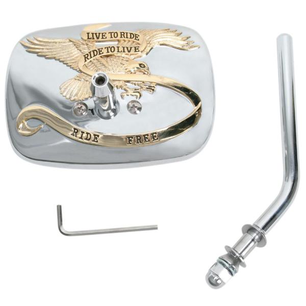 【商品説明】LIVE TO RIDE RIDE TO LIVE の文字とアメリカンイーグルが浮き彫りされた、ゴージャスなミラー。アメリカンクルーザーにベストマッチします。ハウジングはアルミダイキャスト製。クロームのベースに浮き彫り部分はゴー...