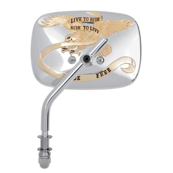 【商品説明】LIVE TO RIDE RIDE TO LIVE の文字とアメリカンイーグルが浮き彫りされた、ゴージャスなミラー。アメリカンクルーザーにベストマッチします。ハウジングはアルミダイキャスト製。クロームのベースに浮き彫り部分はゴー...