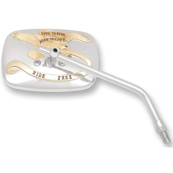 【商品説明】LIVE TO RIDE RIDE TO LIVE の文字とアメリカンイーグルが浮き彫りされた、ゴージャスなミラー。アメリカンクルーザーにベストマッチします。ハウジングはアルミダイキャスト製。クロームのベースに浮き彫り部分のゴー...