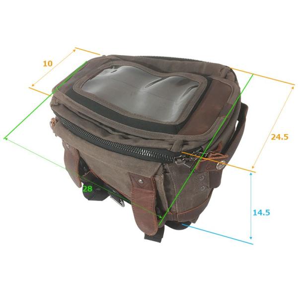 【商品説明】素材にUV耐候性のワックスコットンキャンバス地、一部にレザーを使用した、ミリタリー感の強いタンク/シートバッグです。側面は型崩れ防止に補強入り、両サイドに薄い物を入れることの出来る小物入れ、後端は電源ケーブル等を取り出す事も出来...