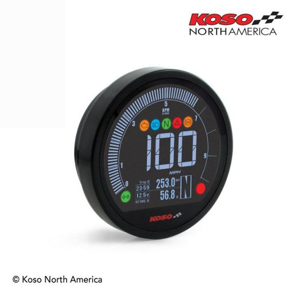 【商品説明】KOSO ノースアメリカのボルト用メーター DL-04Bステッピングモーターによるアナログタコメーターと、スピードメーター（タイヤ外径補正機能付き）オドトリップx2ギアポジション計メンテナンス周期警告電圧計エンジン温度計燃料計時...