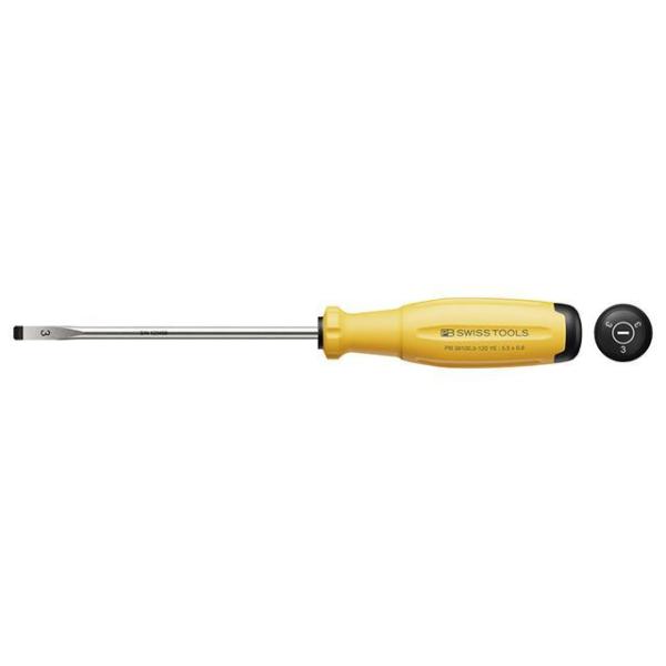●メーカー名：PBスイスツールズ / PBSWISSTOOLS(ピービースイスツールズ)●商品名：38100.3-120YE スイスグリップEVO レインボー マイナスドライバー M3ネジ適合 刃先幅5.5×刃先厚0.8mm 軸長120mm...