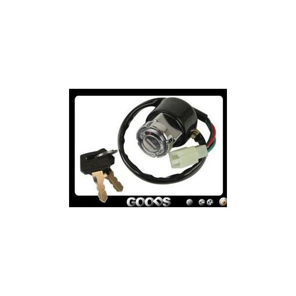 ●メーカー名：グッズ / GOODS●商品名：汎用メインキーメーカー品番：40-64030汎用 本体：ブラック、クローム本体×1汎用のイグニッションスイッチ。オンで赤、黒が導通。オフで緑、黒／白が導通。※汎用パーツにつき、各車種ごとへの結線...