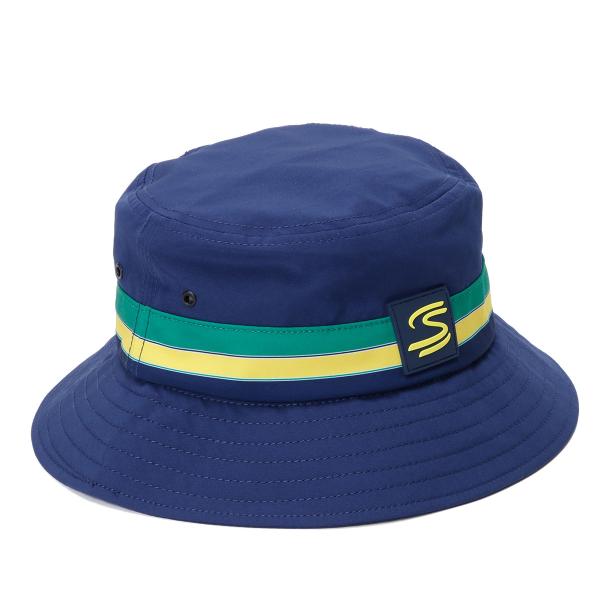 アイルトン・セナのオフィシャルバケットハット。<br>ネイビーをベースにヘルメットループのライン、正面部分にはダブルエスのロゴがあしらわれています。