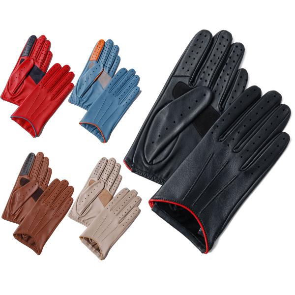 羊革を使用した短め丈のドライビンググローブ。5本の指には通気性を確保するためのパンチングがあしらわれ、ステアリング操作で生じるスレや手のひらの補強としてスエードの当て布が施されております。指先はタッチパネルとなっており、簡易的なスライド・タ...