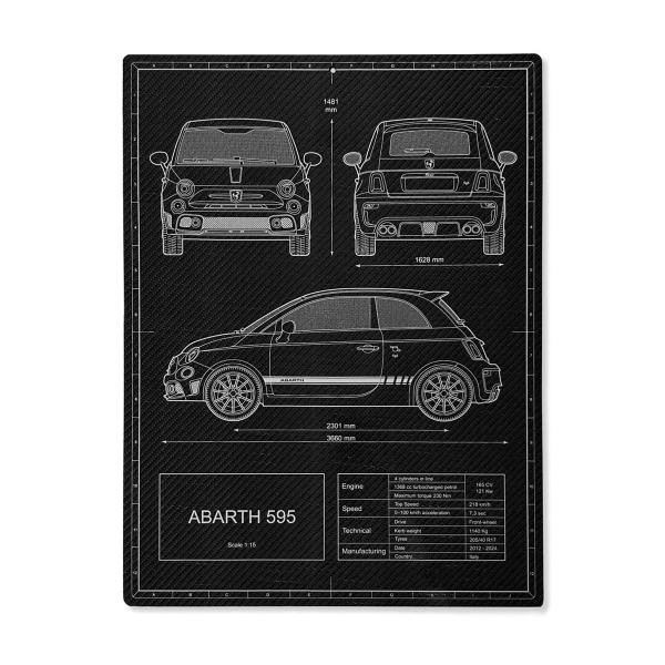 Abarth 595を1:15スケールで精密に描いたポスター。フロント・リア・サイドビューを詳細に表現し、技術的なディテールまで再現した一枚は、ファンに向けて丁寧に制作されています。カーボン製の硬質パネルにシルバーカラーのシルクスクリーンプ...
