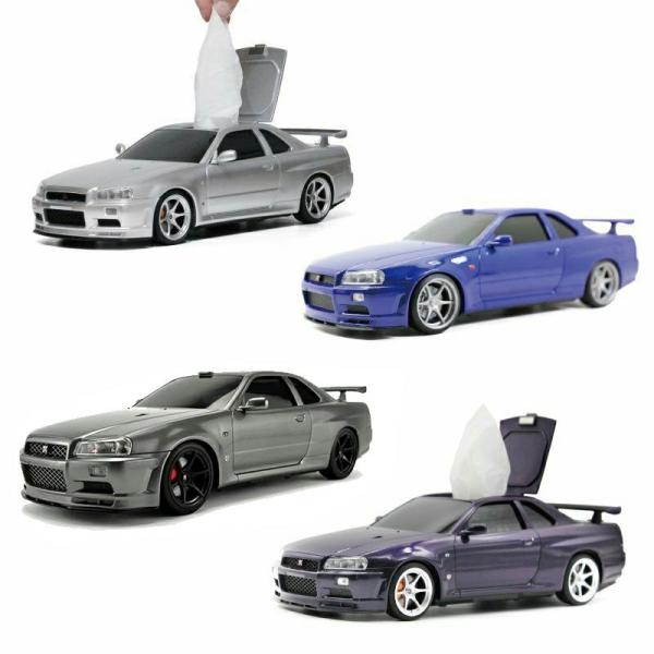 日産スカイライン GT-R (BNR34) 型のウェットティッシュケースが登場！自動車メーカー、日産自動車公認のライセンス取得商品です。●そのまま飾ってインテリアにも。●正面のグリルからインタークーラー・エンジンが見える！●車輪が動くので簡...