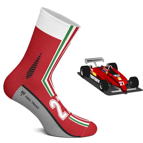 エンツォ・フェラーリが愛したカナダ人ドライバー、ジル・ヴィルヌーヴ最後のマシンとなった「126C2」をオマージュしたソックス。マシンサイドのスリットや、ジルの永久欠番に相応しいゼッケン27が刺繍されています。<検索用 VaMp Zat3＞