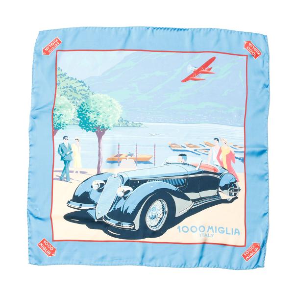 ミッレミリアのシルク100%オフィシャルスカーフ。クラシックカーが湖を背景に描かれたデザインです。
