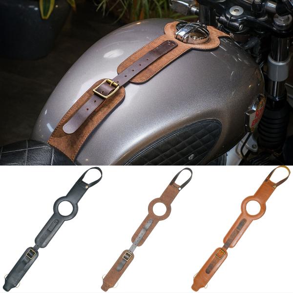 ロイヤル・エンフィールドのINT650/コンチネンタルGT650専用に設計されたポーチ付きタンクストラップ。ワックス加工を施した高品質で耐久性に優れたレザーが、適度な無骨さをプラスし、使い込むほどに深みのある風合いが増します。バイクのフォル...