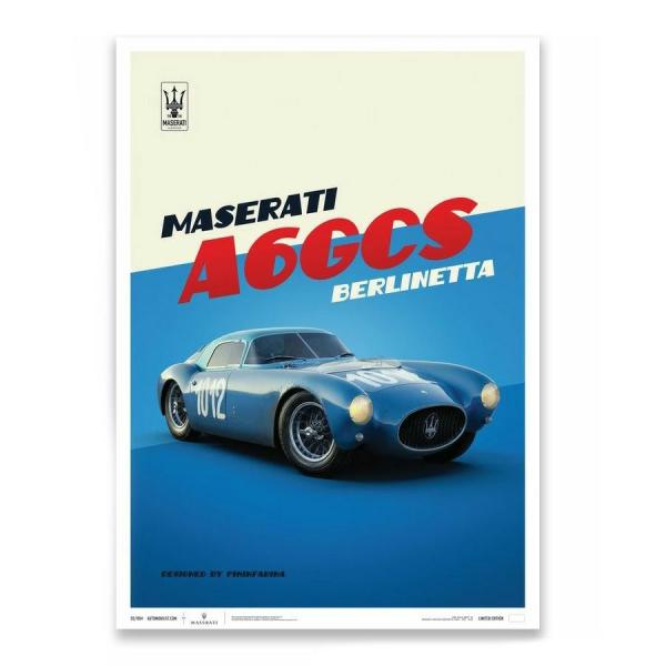 1954年のジーロ・ディ・ウンブリアにおいて、総合7位のリザルトを残した、マセラティ A6GCS ベルリネッタのポスター。1954年のトリノモーターショーで展示され、2台目のA6GCS / 53ピニンファリーナベルリネッタとしてツートンブル...