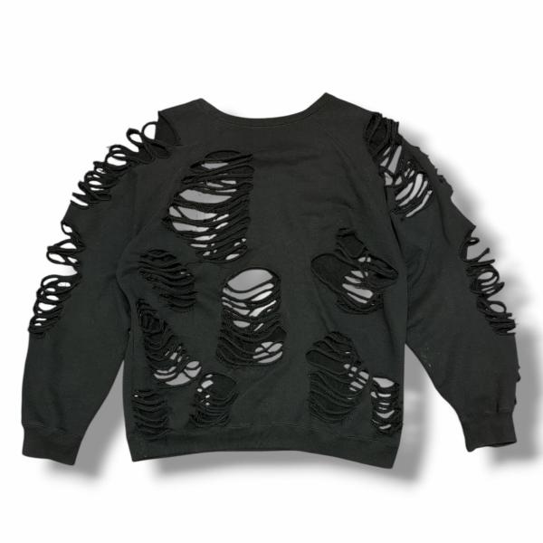 ブランド：JUN/NAKAYAMA（ジュンナカヤマ）商品名：DISTRESSED CREWNECK特徴：クルーネックスウェットダメージ加工裾袖リブ仕様カラー：ブラック表記サイズ：M着丈：約65cm、身幅：約64cm、裄丈：約95cm素材：コ...